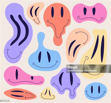 액체 이모티콘 세트 히피 복고풍 미소 이모티콘 및 이모티콘 80년대와 90년대로 돌아가 보겠습니다 환각과 환각 긍정과 낙관주의