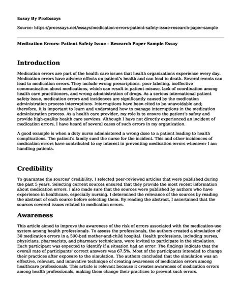📗 Medication Errors Patient Safety Issue Research Paper Sample