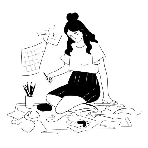 Premium Vector Young Woman Sitting On The Floor And Working With Papers
