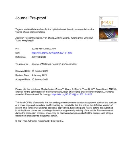 Pdf Taguchi And Anova Analysis For The Optimization Of The Microencapsulation Of A Volatile