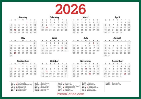 Printable Calendar For 2026 With Holidays