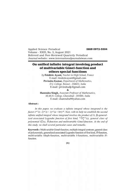 Pdf On Unified Infinite Integral Involving Product Of Multivariable Gimel Function And Others