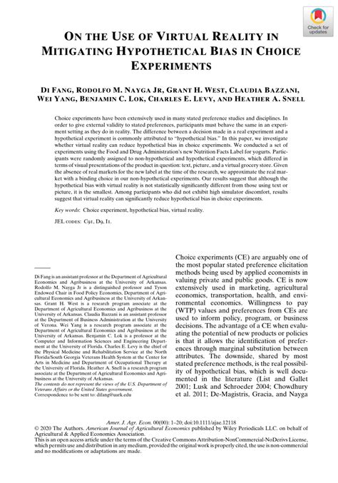 Pdf On The Use Of Virtual Reality In Mitigating Hypothetical Bias In Choice Experiments