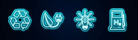 세트 라인 재활용 기호 리프의 전기 절약 플러그 기어가 있는 전구 및 수소 충전소 빛나는 네온 아이콘입니다 벡터 0명에 대한