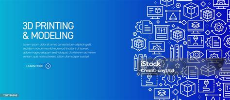 선 아이콘이 있는 3d 인쇄 및 모델링 배너 템플릿 광고 헤더 웹 사이트에 대한 현대 벡터 그림 제조설비에 대한 스톡 벡터 아트 및 기타 이미지 Istock
