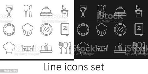 세트 라인 포크 숟가락과 나이프 레스토랑 카페 메뉴 호텔 서비스 벨 컵 케이크 접시 와인 잔 화장실 및 나이프 아이콘 벡터 검은