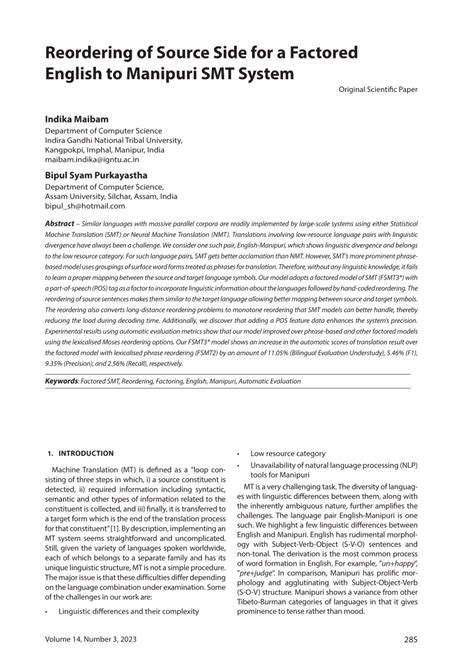Pdf Reordering Of Source Side For A Factored English To Manipuri Smt