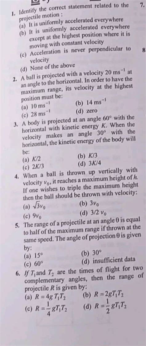 A Ball Is Projected With A Velocity 20 Ms−1 At An Angle To The Horizontal