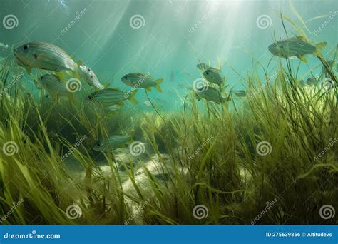 School Of Fish Hiding Among Aquatic Plants And Seagrasses Stock