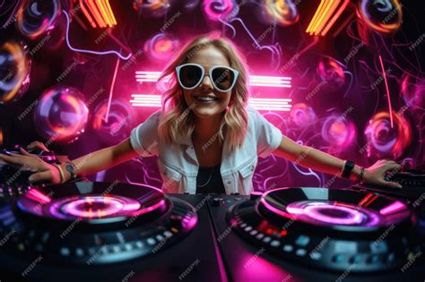 Premium Ai Image Happy Attractive Girl Smiling Dj Using Dj Turntable