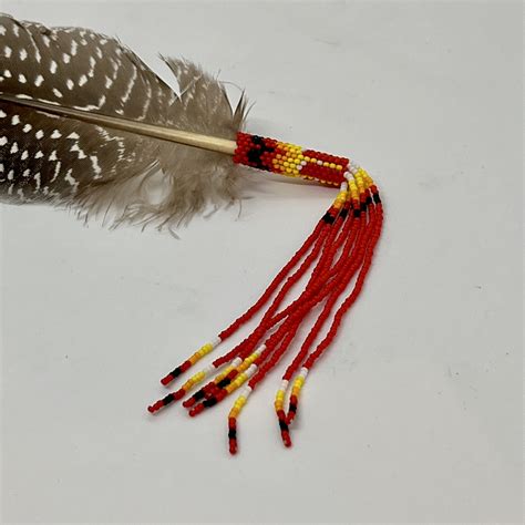 Beaded Smudge Feather With Beaded Fringe Red Native American