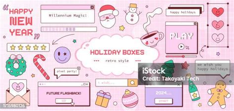 레트로 Y2k 크리스마스와 새해 컴퓨터 요소와 창 겨울 휴가 디자인 90년대 데스크탑 스크린 베이퍼웨이브 아트 메리 크리스마스와 새해 복 많이 받으세요 엽서 스티커 및 장식