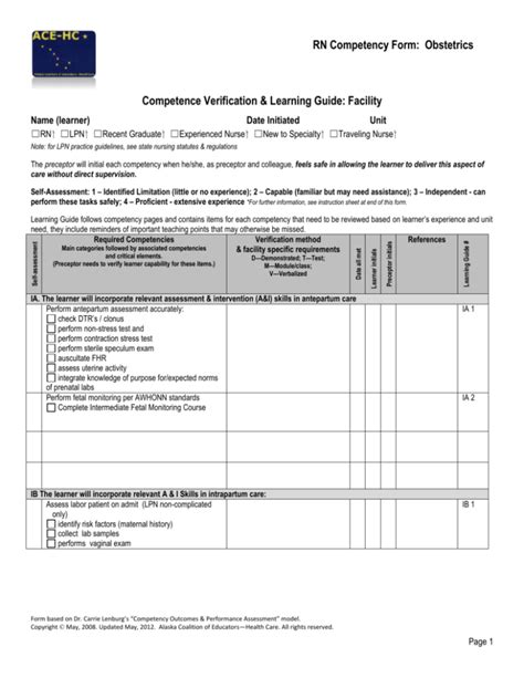 Obstetrics Rn Competency Form And Learning Guide