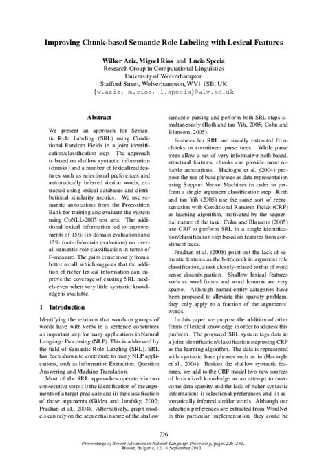Pdf Improving Chunk Based Semantic Role Labeling With Lexical Features