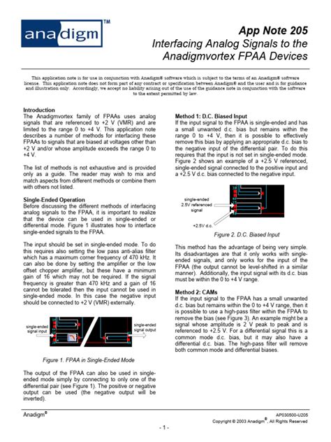 Interfacing Analog Signals To The Anadigmvortex Fpaa Devices Pdf