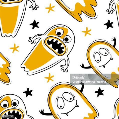 할로윈에 대한 벡터 원활한 패턴 소름 끼치는 턱과 이빨을 가진 무서운 유령이 밤 하늘에서 날아다닌다 손으로 그린 만화 캐릭터 귀여운 괴물 유령 그림자 재미 할로윈에 대한