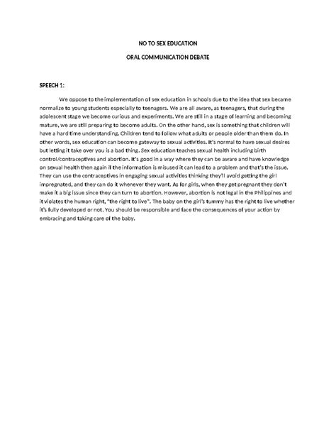 No To Sex Education No To Sex Education Oral Communication Debate Speech We Oppose To The