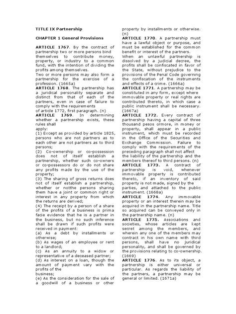 Partnership Under The Civil Code Of The Philippines Codal Provisions