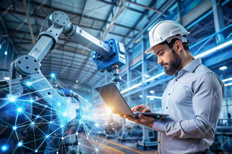 premium photo technical industrial engineer working and control robotics with monitoring