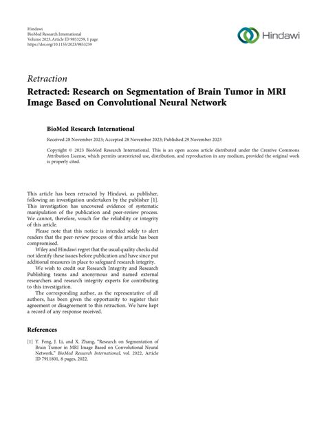 PDF Retracted Research On Segmentation Of Brain Tumor In MRI Image Based On Convolutional