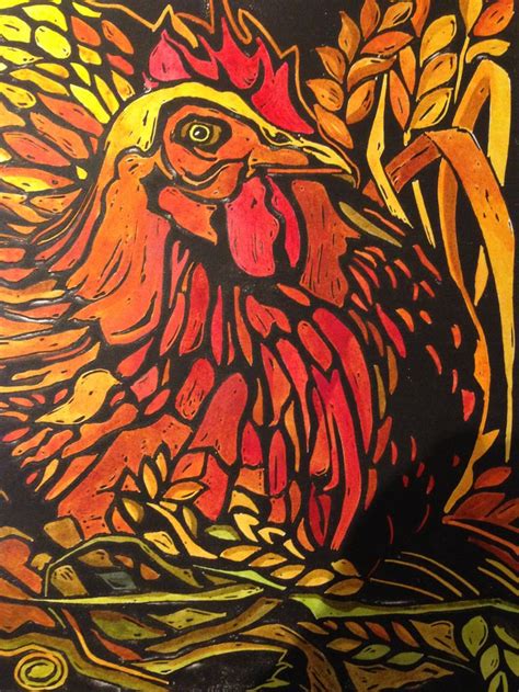 Lino Print Of Rooster By Artist Cara Ayers