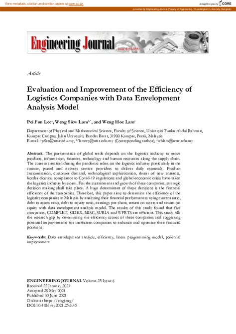 Pdf Evaluation And Improvement Of The Efficiency Of Logistics