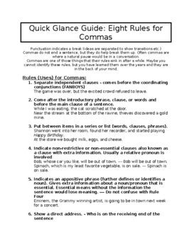 Quick Glance Guide: Eight Rules for Commas by A Simple Approach | TPT