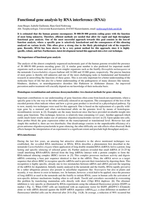 Pdf Functional Gene Analysis By Rna Interference Rnai