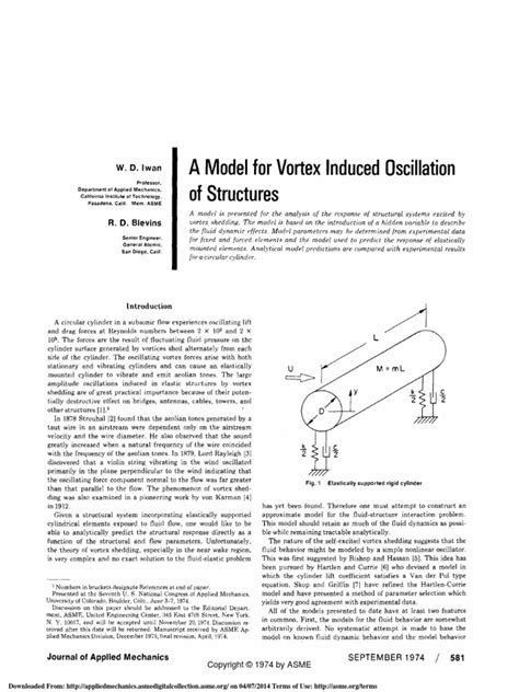 A Model For Vortex Induced Oscillation Of Structures Iwan1974