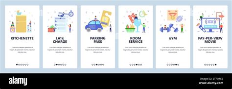 Mobile App Onboarding Screens Hotel Kitchen Room Service Gym Video On Demand Menu Vector