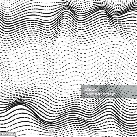 점선을 흔들며 흑백 현대 개념적 디자인입니다 벡터 물결선 곡선 착시 추상 변형 된 배경입니다 과학적인 파도 패턴입니다 Eps10 일러스트 점선에 대한 스톡 벡터 아트 및