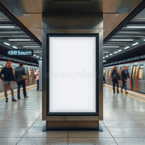 Blank Advertisement Display On Column In Subway Station With Passing