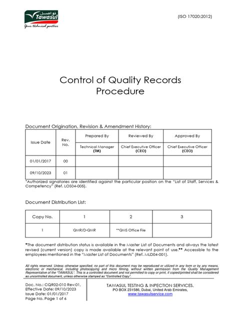 Cqr02 010 Control Of Quality Records Procedure Rev 01 Pdf System Quality Management
