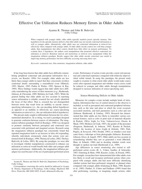 Pdf Effective Cue Utilization Reduces Memory Errors In Older Adults