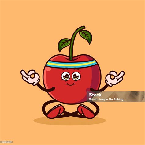 귀여운 체리 과일 캐릭터 명상 과일 문자 아이콘 개념 격리 이모티콘 스티커 플랫 만화 스타일 벡터 예상 외에 대한 스톡 벡터