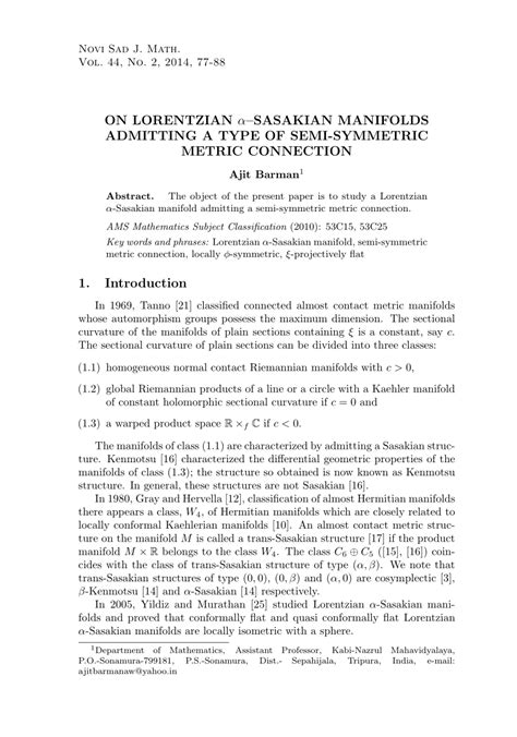 Pdf On Lorentzian α Sasakian Manifolds Admitting A Type Of Semi