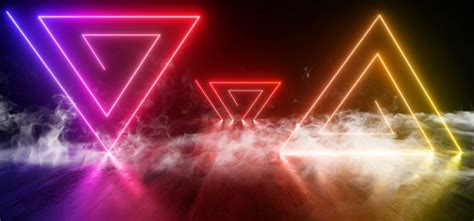 연기 공상 과학 소설 미래 네온 조명 삼각형 모양의 활기찬 파란색 보라색 빛나는 그런 지 콘크리트 바닥 천장 지하 차고 터널 복도 어두운 빈 가상 3d 렌더링 0명에 대한