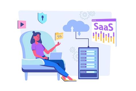 웹에 대한 사람들의 장면이 포함된 Saas 개념 Woman은 소프트웨어를 서비스로 사용하고 평면 원근 설계에서 벡터