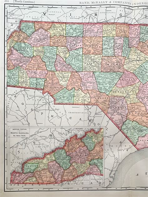 North Carolina Map Original 1892 Rand Mcnally Atlas Tar Heel State