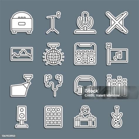 설정 라인 일렉트릭베이스 기타 음악 이퀄라이저 축제 플래그 마이크 디스코 볼 웨이브 스테레오 스피커와 스피커 아이콘 홈 스테레오 벡터 0명에 대한 스톡 벡터 아트 및 기타