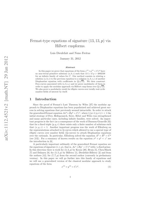 Pdf Fermat Type Equations Of Signature Via Hilbert Cuspforms