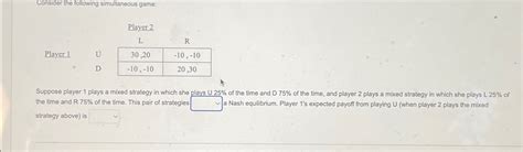 Solved Consider The Following Simultaneous Game Player Chegg