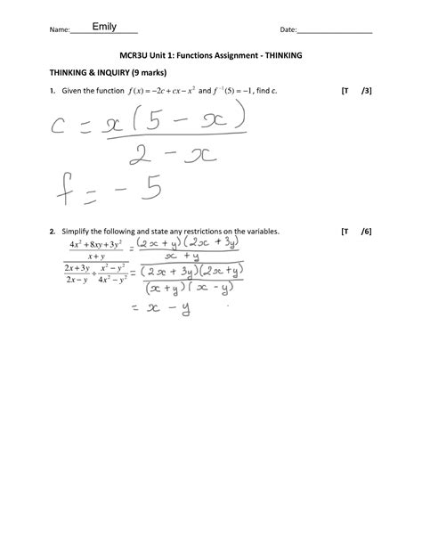 Mcr3u Unit 1 Thinking Practice Mbf101 Name Emily Date Mcr3u