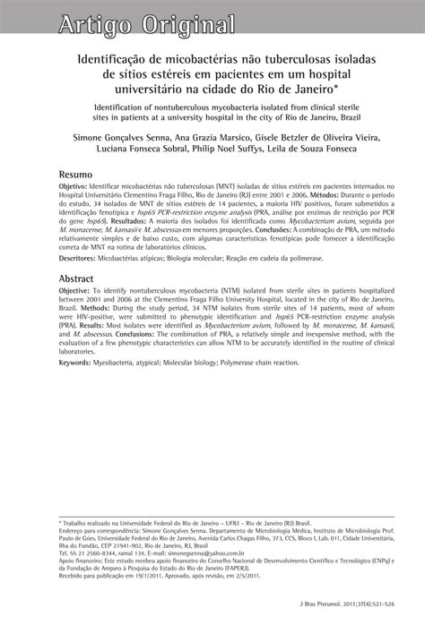 Pdf Identification Of Nontuberculous Mycobacteria Isolated From Clinical Sterile Sites In