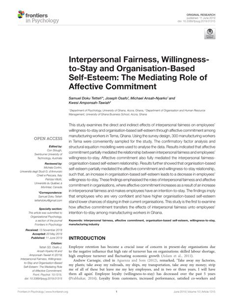 Pdf Interpersonal Fairness Willingness To Stay And Organisation Based Self Esteem The