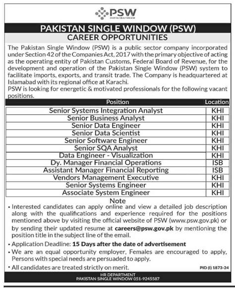 Pakistan Single Window Psw Jobs 2024