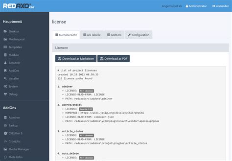 GitHub FriendsOfREDAXO license Dieses Addon dient zur Lizenz Prüfung indem eine Übersicht