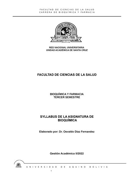 Syllabus Bioquimica Ii 2022 C A R R E R A D E B I O Q U Í M I C A Y F A R M A C I A Red