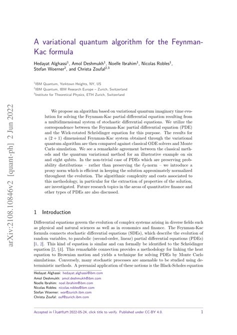 Pdf A Variational Quantum Algorithm For The Feynman Kac Formula