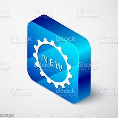 회색 배경에 격리 된 비문 새 아이콘이있는 등각 투영 가격 태그 가격 배지 프로모션 태그 할인 파란색 사각형 버튼입니다 벡터 일러스트레이션 3차원 형태에 대한 스톡 벡터